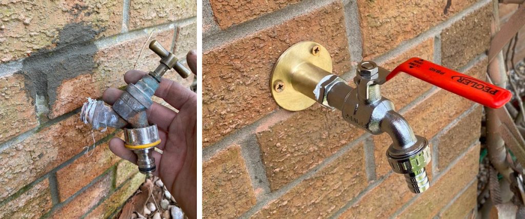 Fitting a new tap outdoors in a garden in Houston, Glasgow